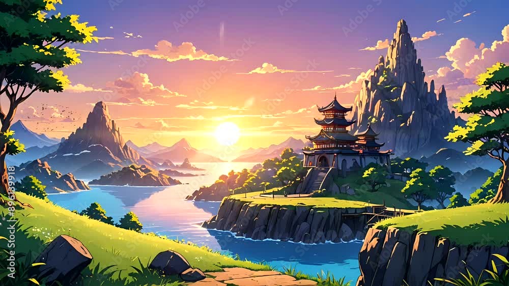 Scenic landscape with path leading to sunset over mountains and green ...