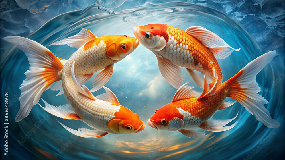 Vibrant white and orange fish swim together in harmony, their sleek ...