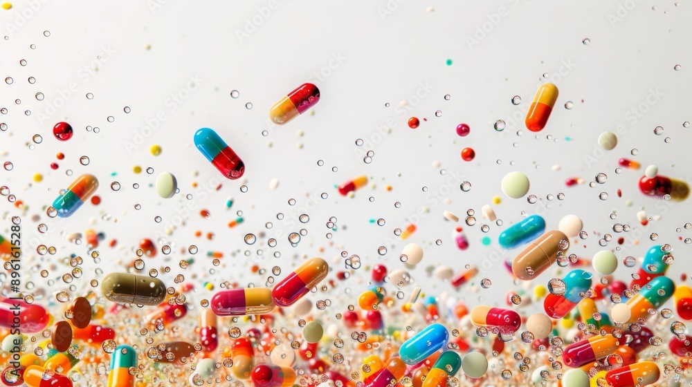 Vibrant Multicolored Medicine Capsules in Motion, Falling Gracefully on ...