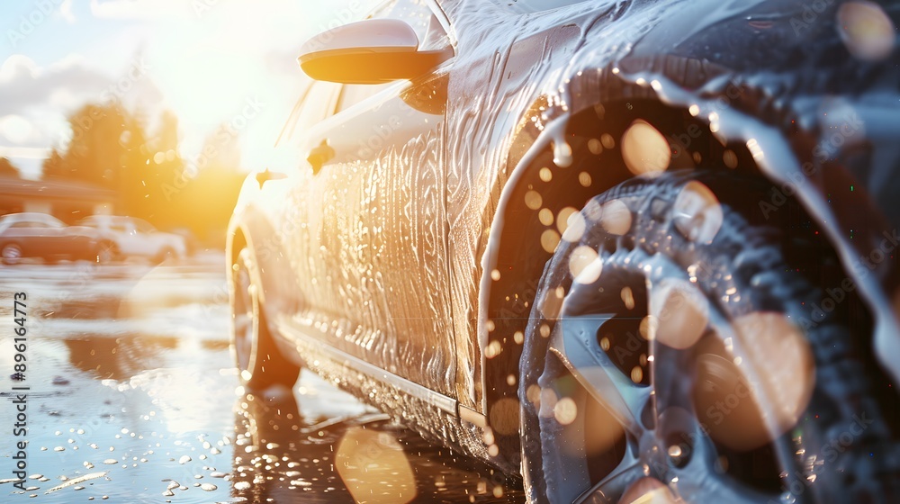 Sparkling Clean. Realistic image of an outdoor car wash car covered in ...