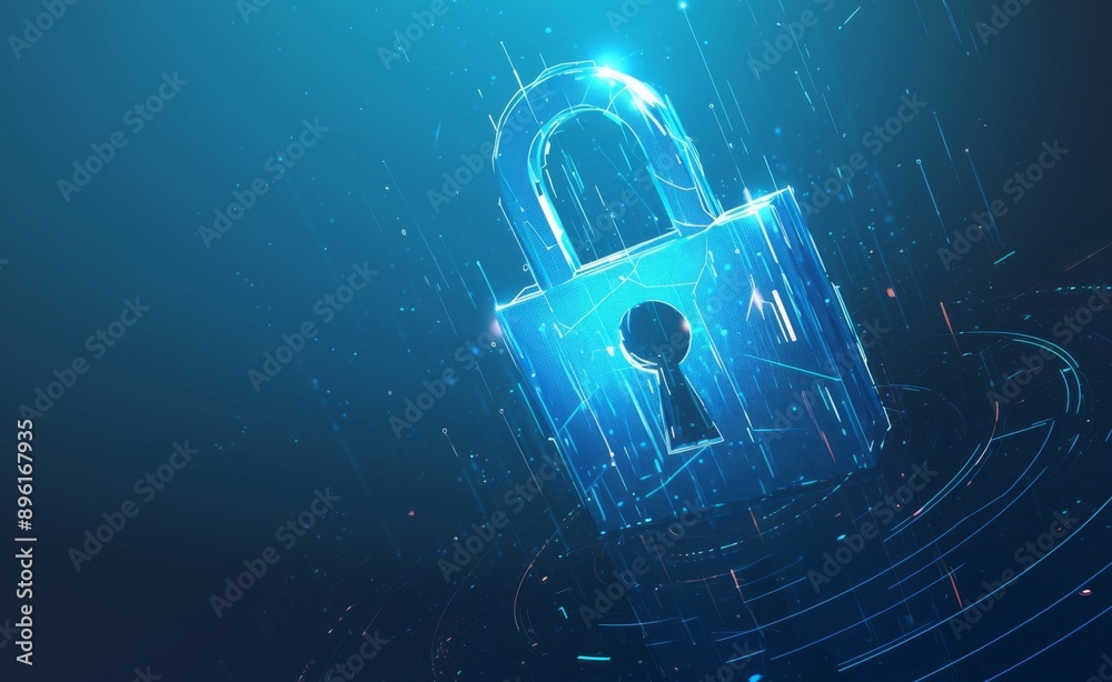 Abstract digital lock with glowing lines on dark blue background ...