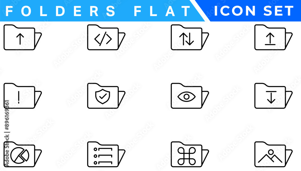 Folders flat line icons set. File catalog, document search, folder ...