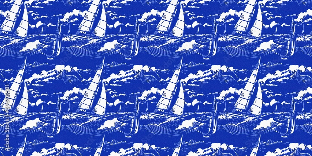 ภาพประกอบสต็อก Coastal sail boat in azure ocean blue seamless border ...