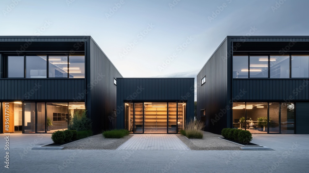 Modern industrial office building exterior with large glass windows ...