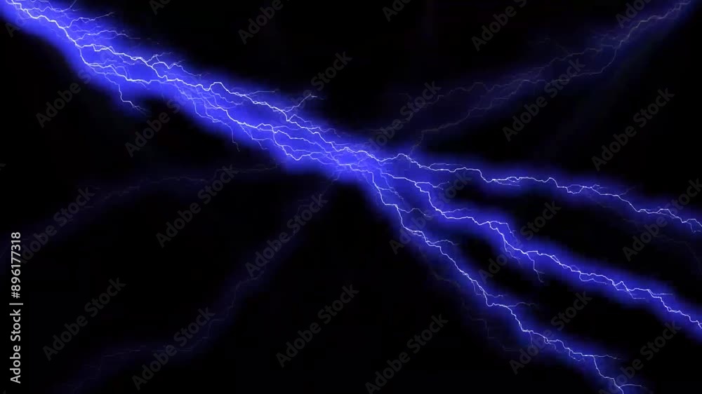 Lightning Thunder over solid black background. blue white Strike of ...