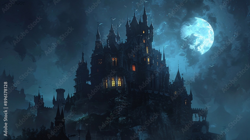 A dark and eerie castle with glowing windows and a full moon behind it ...