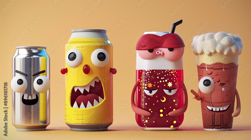 Collection of cute alcohol mascots featuring a soda can, liquor bottle ...