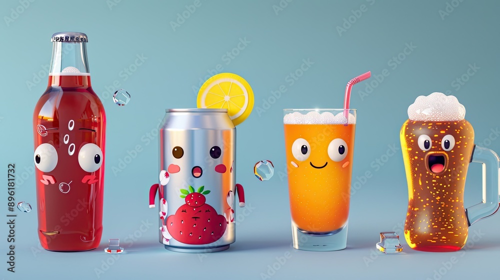 Collection of cute alcohol mascots featuring a soda can, liquor bottle ...