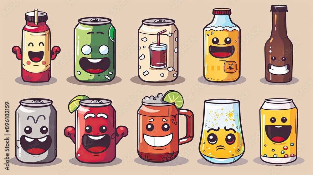 Cute and charming alcohol mascot set, including a soda can, liquor ...