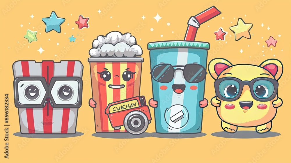Cute kawaii cinema mascots set isolated on background. Contemporary ...