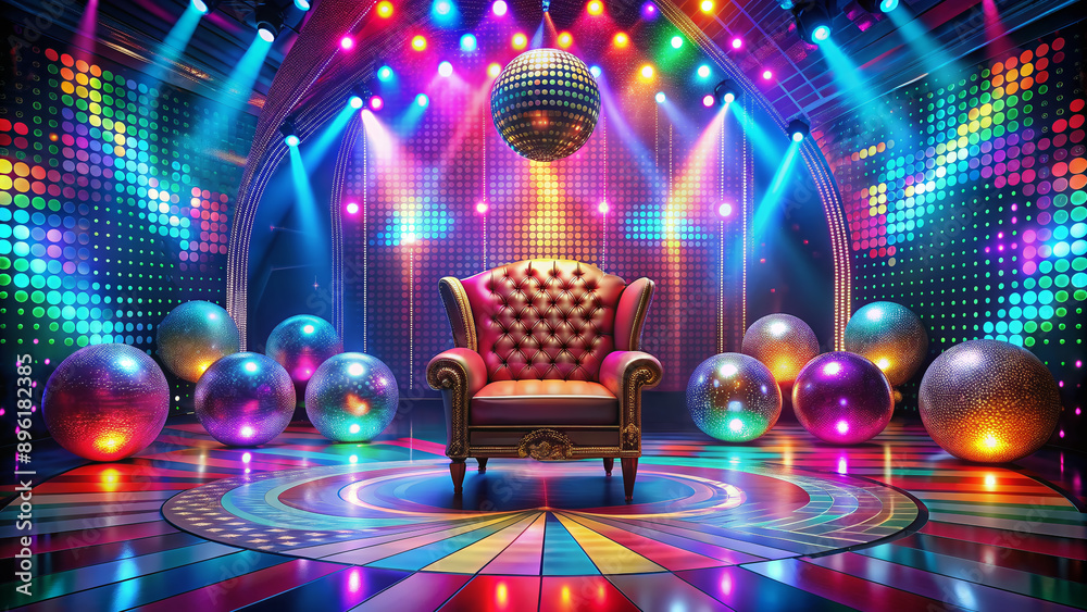 Vibrant retro setting with colorful disco balls, flashing lights, and ...