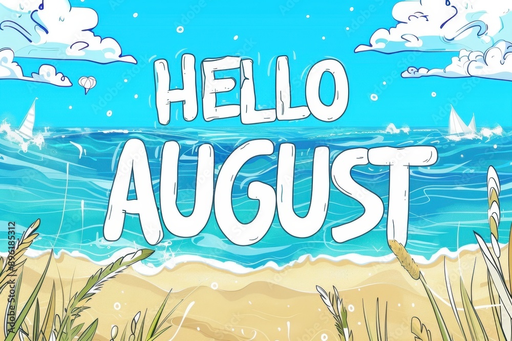 text "HELLO AUGUST", written in white on blue background with beach and ...