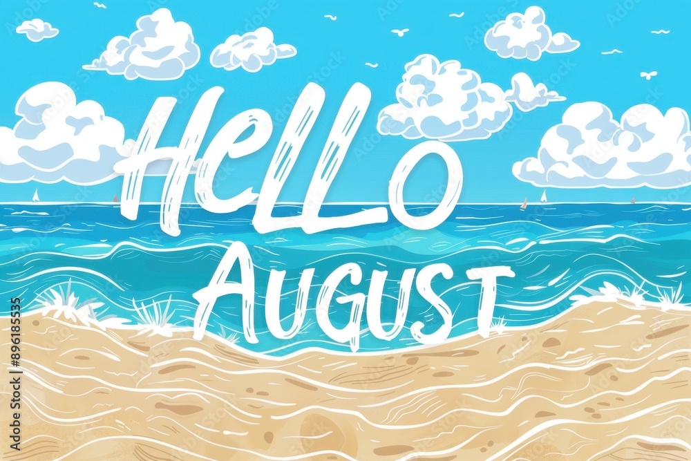 "HELLO AUGUST", beach and sea in the background, cute written font ...