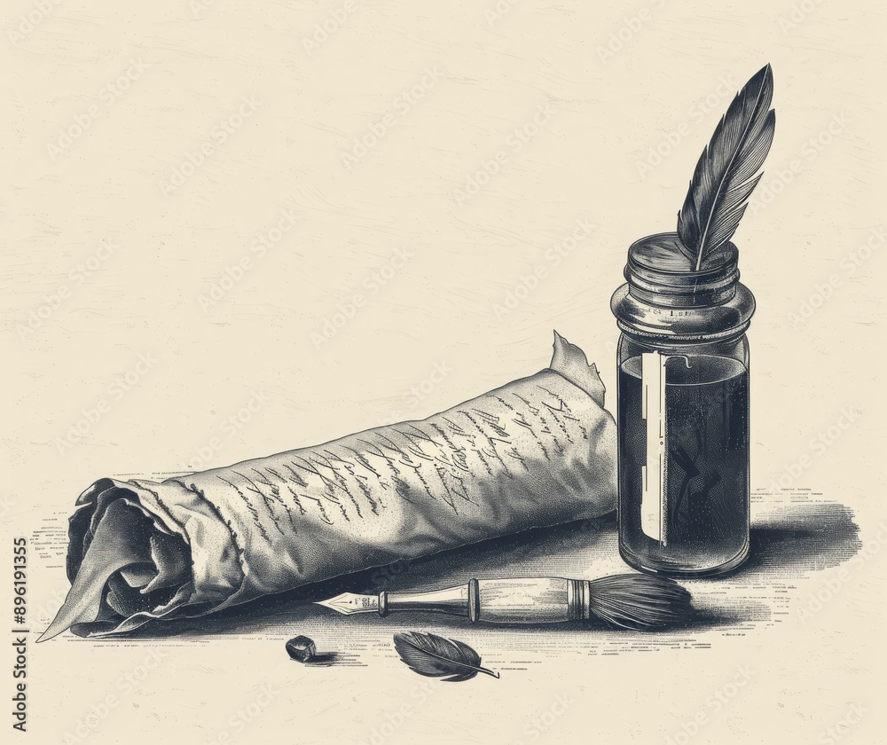 Drawing styled after a retro woodcut or woodblock line art style, this ...
