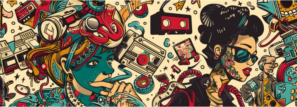 Rap music. Old school tattoo collection. Rap girl, swag woman, boom box ...