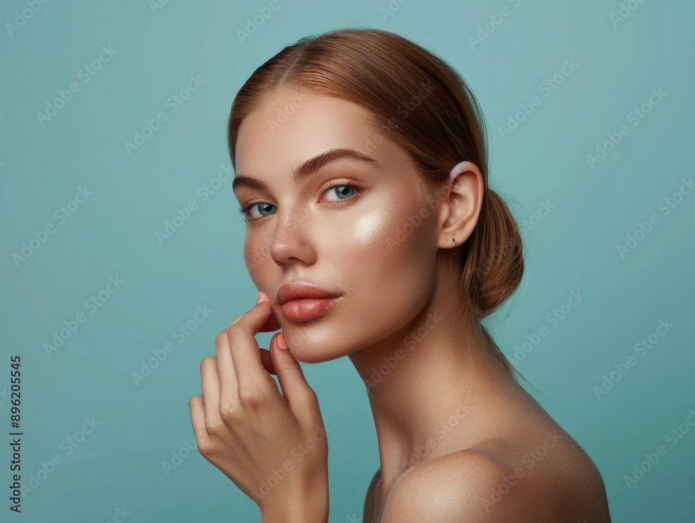 Beautiful woman with highlighter on her cheekbones, lips, and chin ...