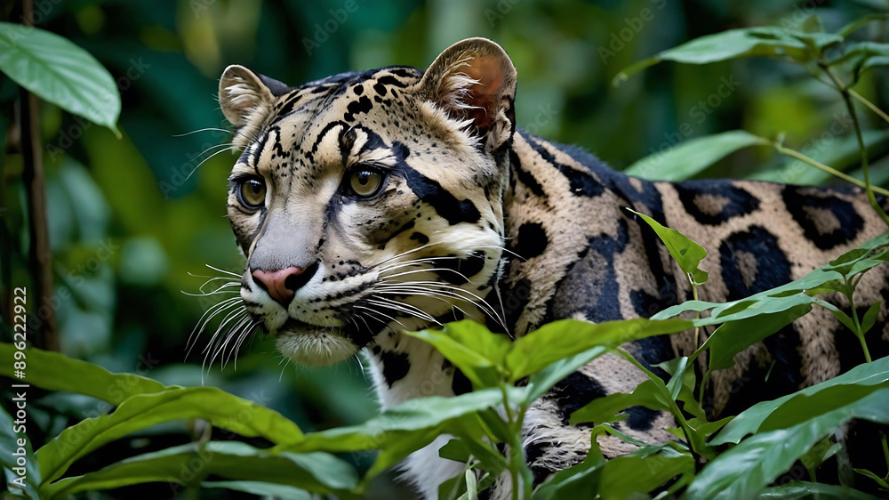 sleek, elusive clouded leopard prowls through a verdant jungle, its dappled fur blending ...