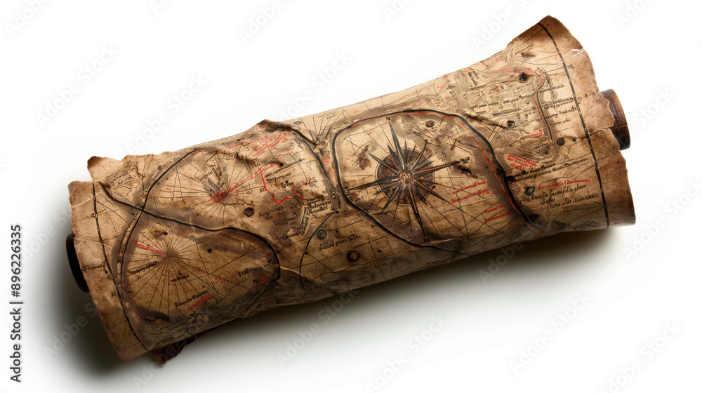 Old rolled-up weathered map with markings, labels, and a large compass ...