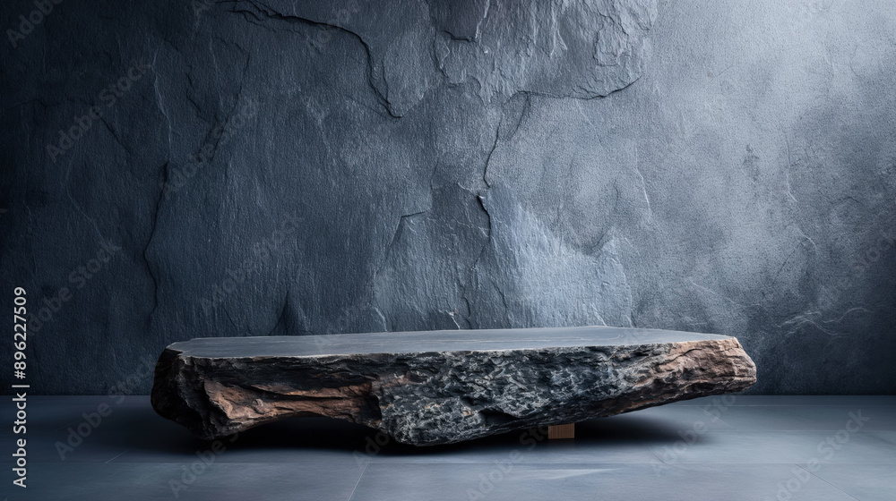 Minimalist interior with a rustic stone coffee table against a textured ...