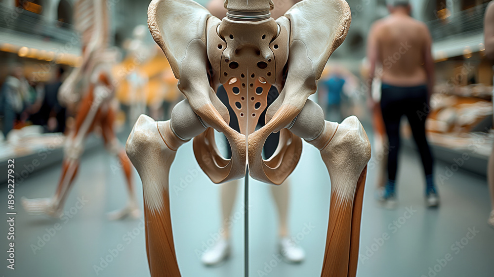 Human pelvic skeleton model with femur bones in an exhibit setting with ...