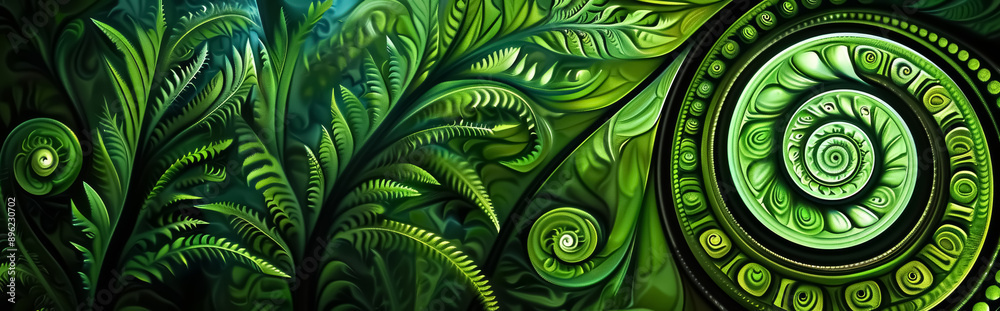 Maori Polynesian pattern koru spiral swirl design, horizontal ...