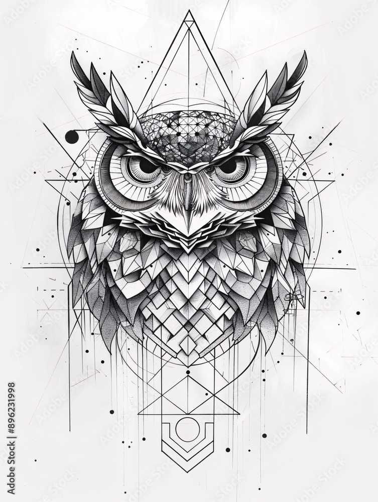 Highly detailed geometric owl drawing with intricate linework and sharp ...