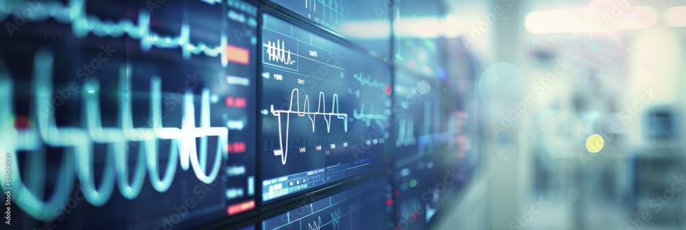 A row of medical screens displays vital signs data captured in a ...