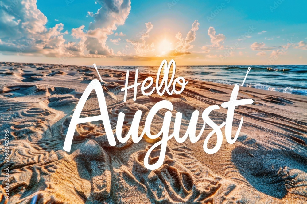 "Hello August" written in big letters on top of an ocean sunset beach ...