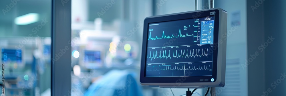 A high-tech medical monitor displays detailed vital signs for a patient ...