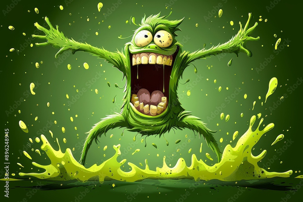 Green cartoon monster splashing in goo, displaying a wide, crazy smile ...