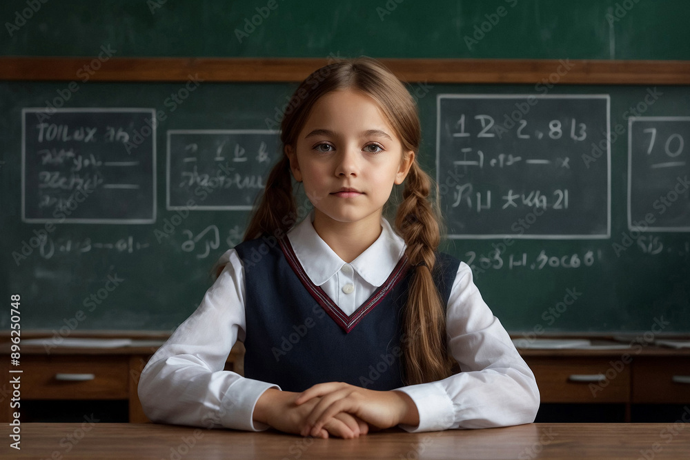 Portrait of first grader girl in school uniform at blackboard in ...