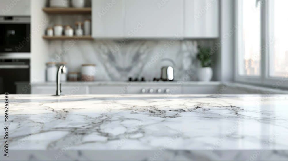 White marble table with blurred kitchen interior background, realistic ...