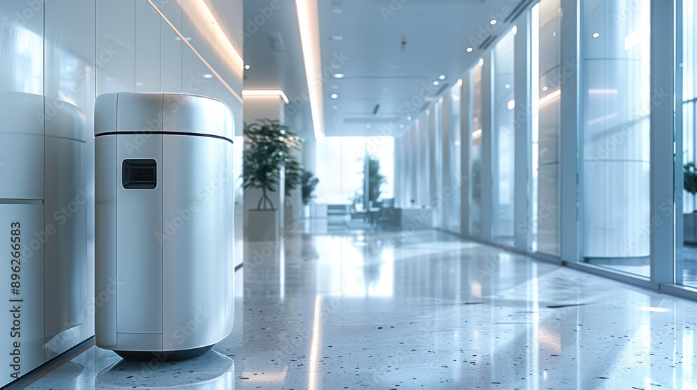 An innovative office interior featuring a futuristic dustbin with ...