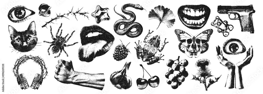 Dangerous retro elements with photocopy stipple effect for collage art ...