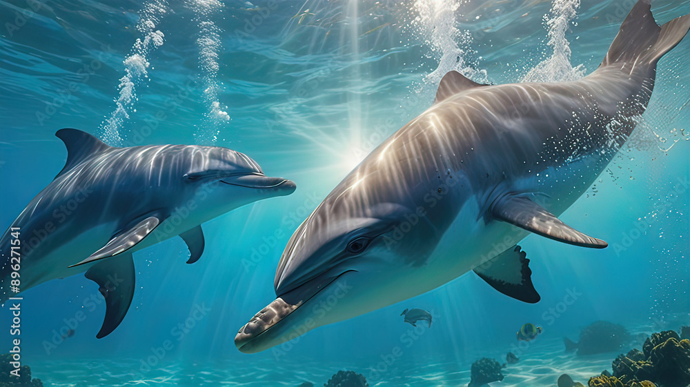 dolphins in the water column swim underwater in the ocean, dolphins ...
