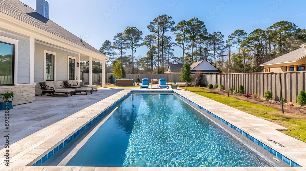 A rectangular new swimming pool with tan concrete edges in the fenced ...