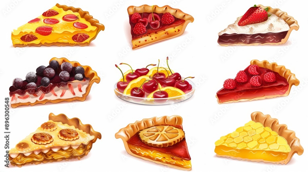 Various slices of fruit pies, set. apple pie, cherry pie, strawberry ...