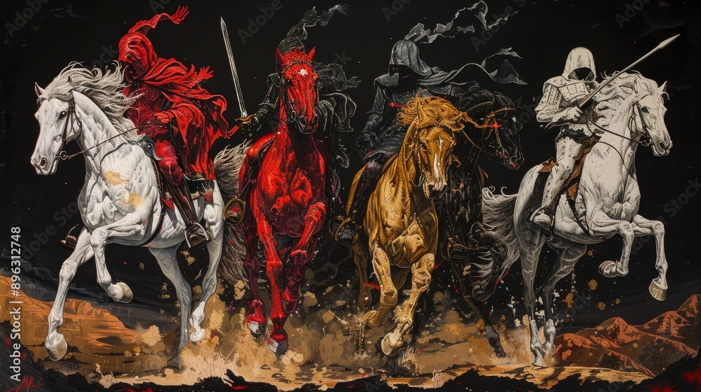 An impressive depiction of the Four Horsemen of the Apocalypse leading ...