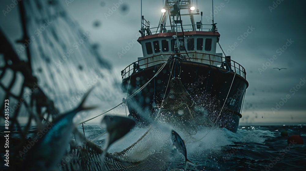 a fishing boat with a large net overfishing depleting marine life fish ...