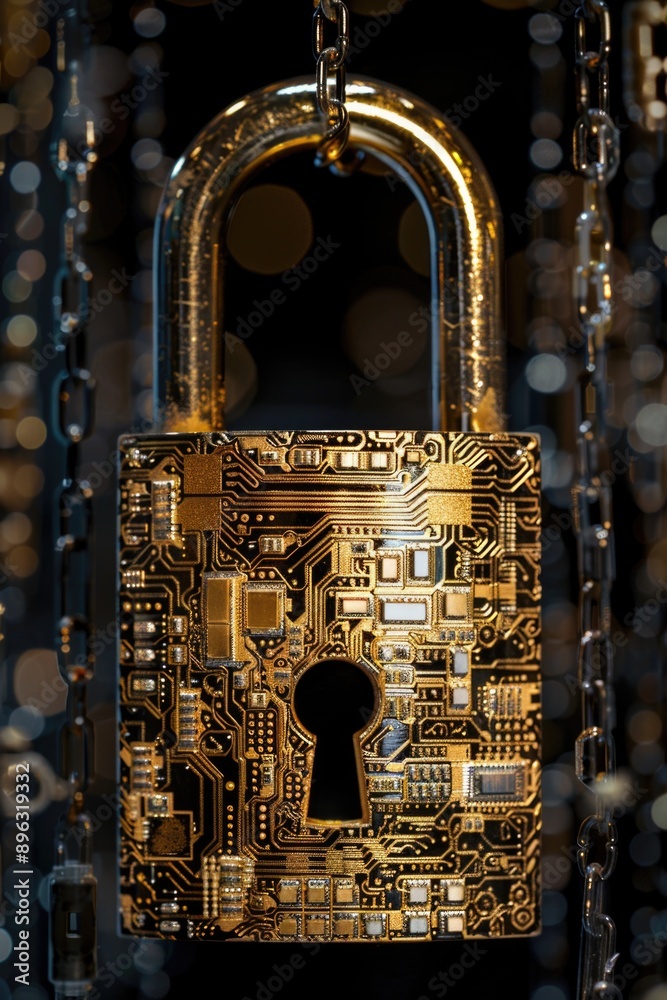 High-tech digital lock with gold circuit board design, shiny metallic ...
