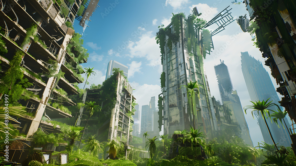 Abandoned city overtaken by lush greenery, vegetation, blend of urban decay, nature reclaiming ...
