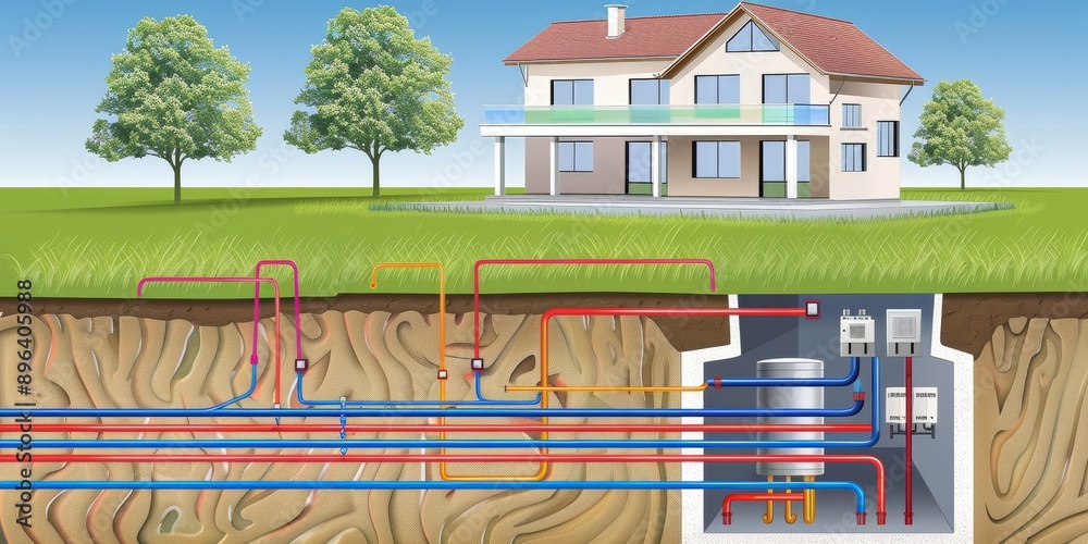 Geothermal heating and cooling system depicted in a 3D illustration ...