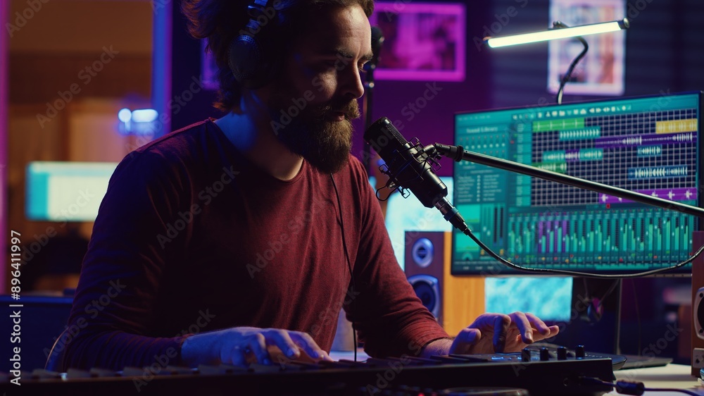 Songwriter recording a new song with microphone and midi controller ...