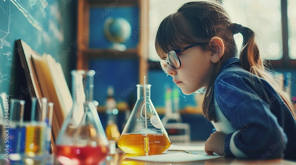 Girl classroom and science beaker for learning education and test with ...