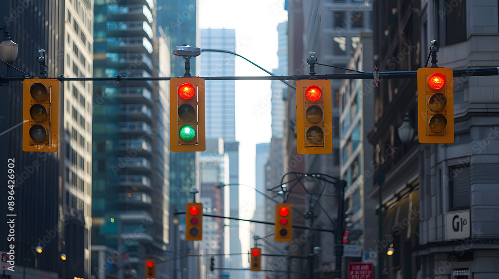 Busy cityscape with colorful street signs and traffic lights at an ...