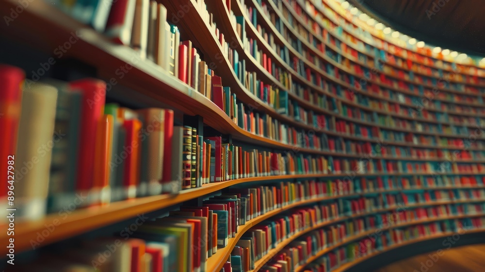 Modern library with curved bookshelves filled with colorful books ...