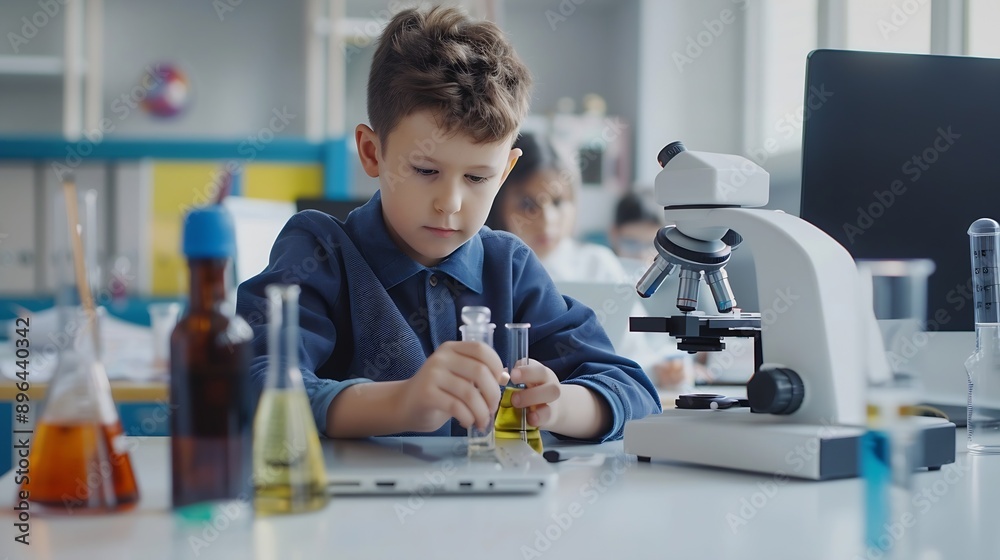 Students learning in science classroom Focused young boy students ...