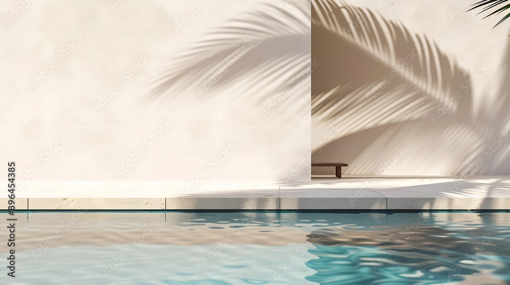 Tropical summer background with plaster wall pool water and palm shadow Luxury hotel resort ...