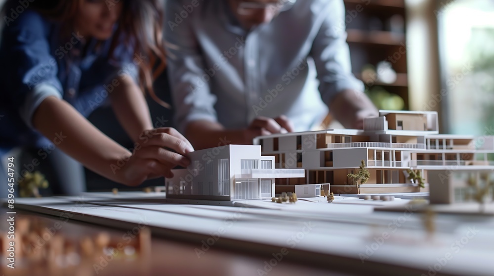Close up of man and women analyzing building model to plan construction ...