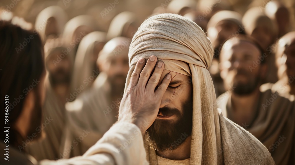 Jesus heals a blind man from behind by touching his eyes. Crowds watch ...